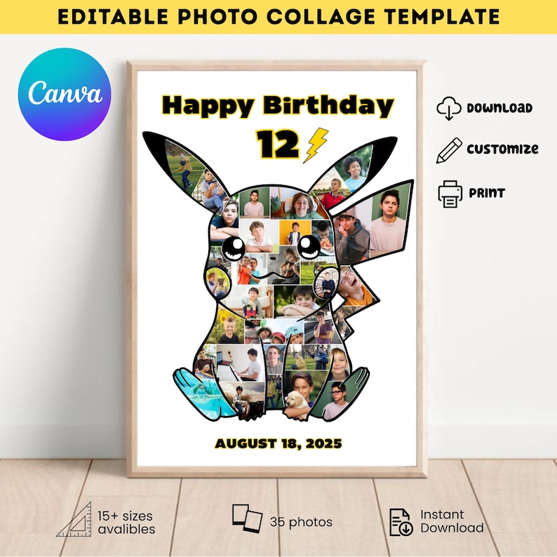 Pikachu Photo Collage Template, Pokemon Gift, Customizable Canva ...