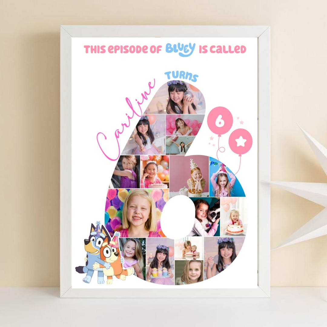 Bluey Inspired 6th Birthday Sign, Editable Number 6 Collage Template ...