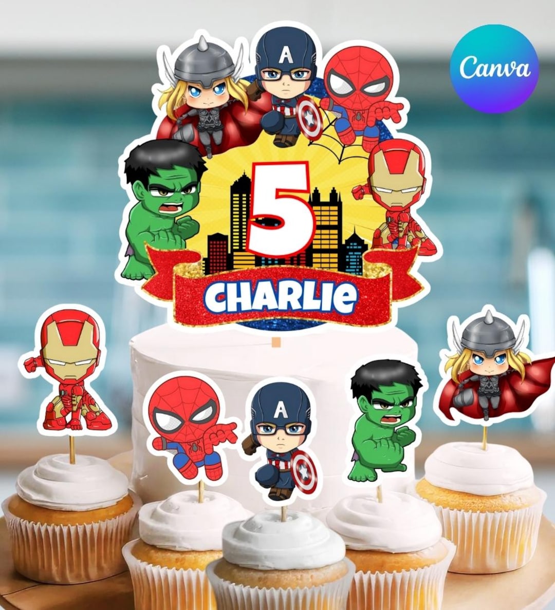 Superheroes Birthday Cake Topper + Cupcake Toppers: Editable Birthday ...