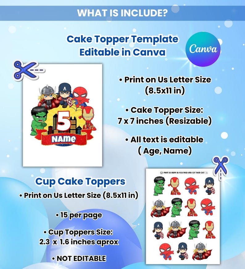 Superheroes Birthday Cake Topper + Cupcake Toppers: Editable Birthday ...