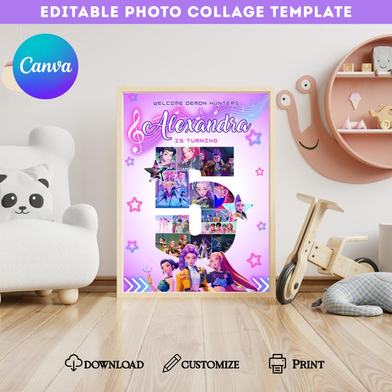 Kpop Demon Hunters 5th Birthday Welcome Sign, Photo Collage (editable ...