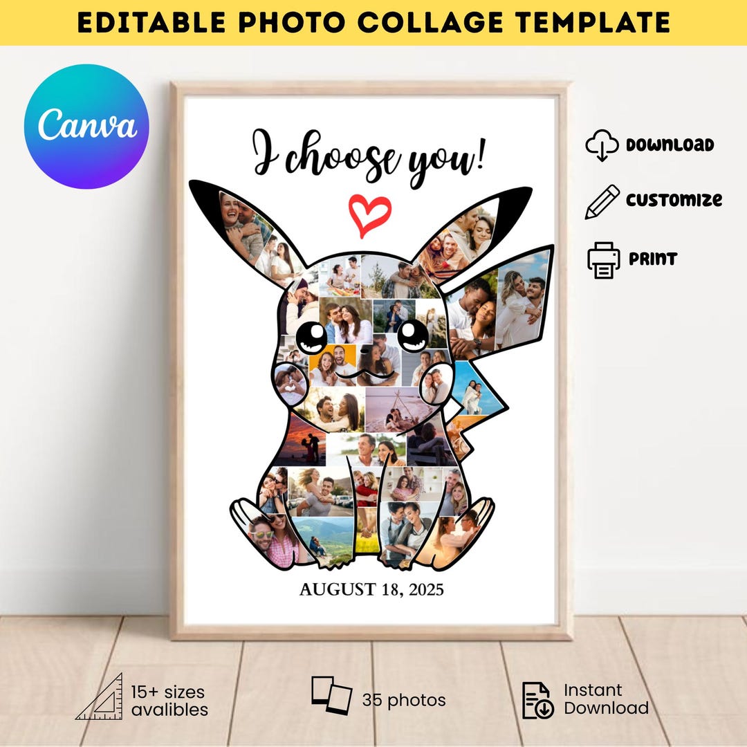 Pikachu Photo Collage Template, Pokemon Gift, Customizable Canva ...