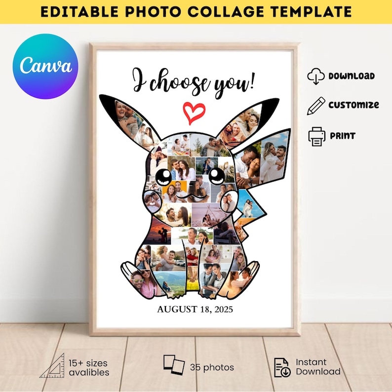 Pikachu Photo Collage Template, Pokemon Gift, Customizable Canva ...