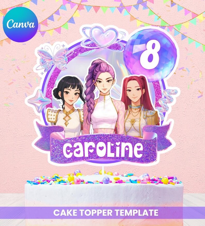 K-pop Demon Hunters Birthday Cake Topper, Anime Party Decor (editable ...