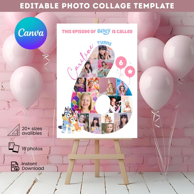 Bluey Inspired 6th Birthday Sign, Editable Number 6 Collage Template ...