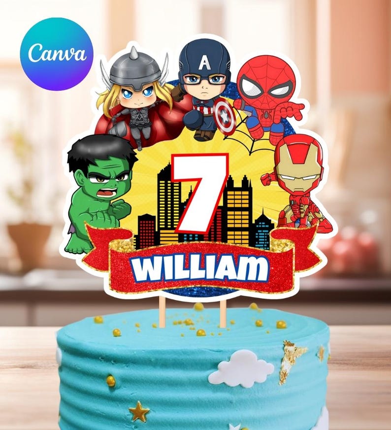 Superheroes Birthday Cake Topper + Cupcake Toppers: Editable Birthday ...