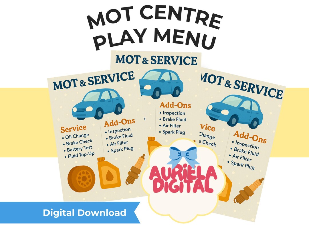 Printable Role Play Menu Card for Kids, Car Garage Play, Instant ...
