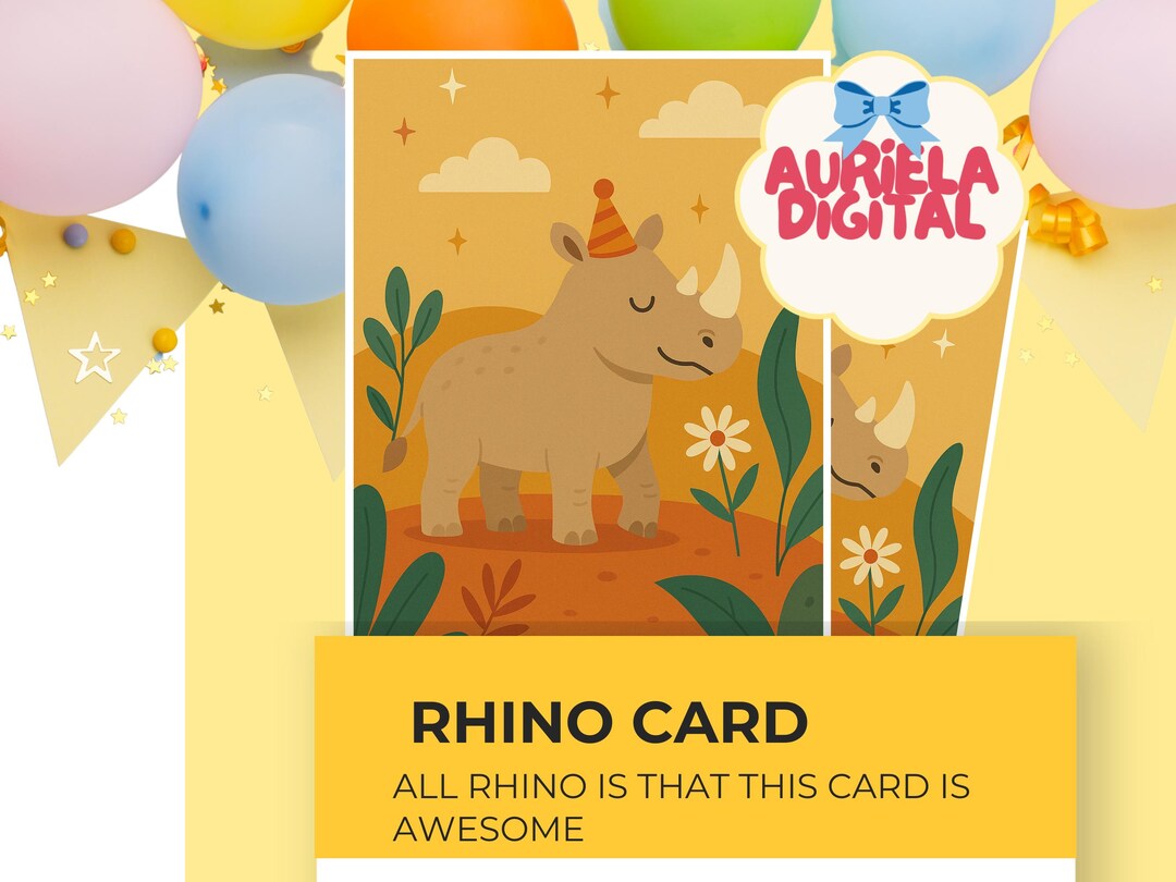 Rhino Birthday Card, Funny Kids Printable Birthday Card, Animal Party ...