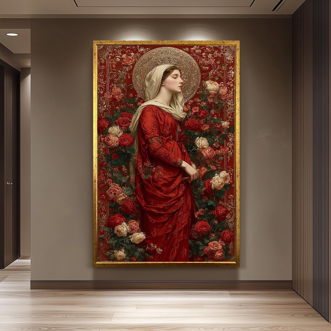 Mother Mary in Red Surrounded by Roses | Elegant Virgin Mary Canvas ...