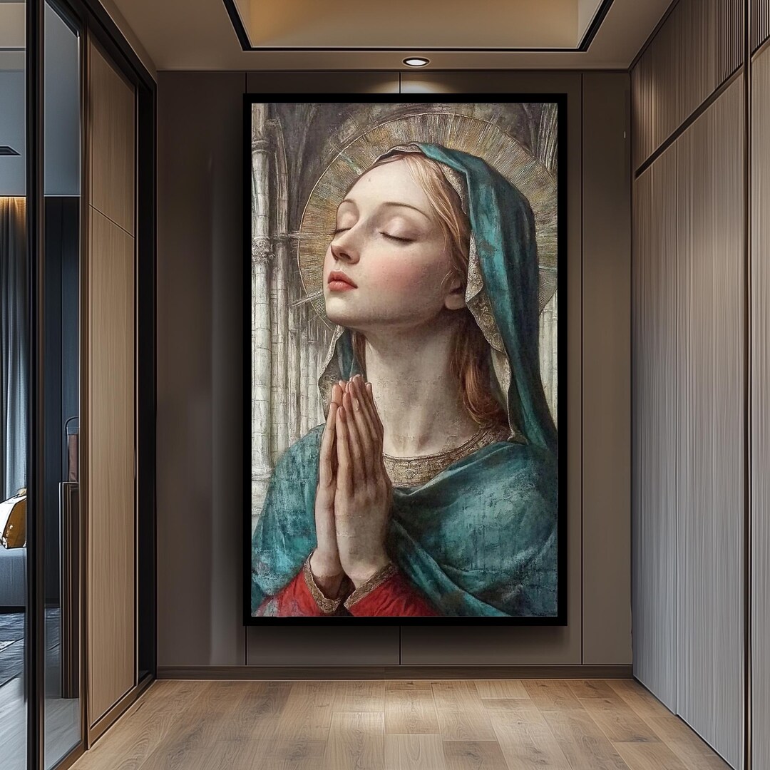 Classical Virgin Mary Painting With Halo and Praying Hands, Sacred ...