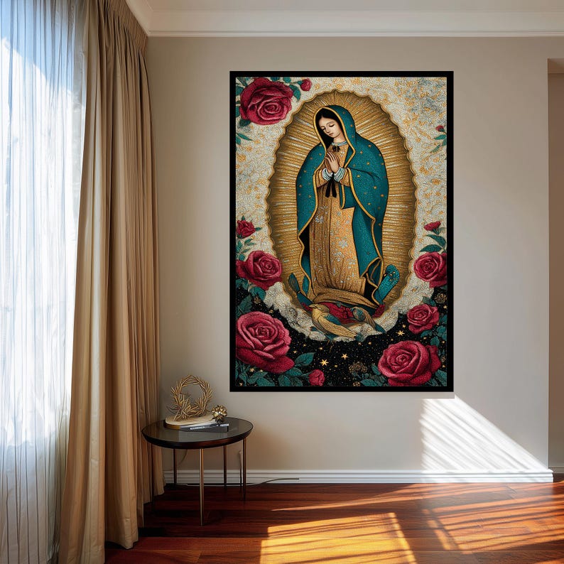 Our Lady of Guadalupe Full Body Canvas Print Surrounded by Roses With ...