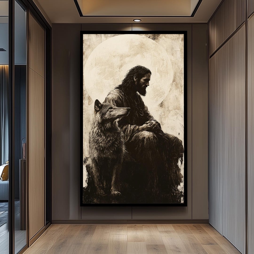 Jesus and Wolf Art Print: Monochrome Christian Home Decor - Etsy