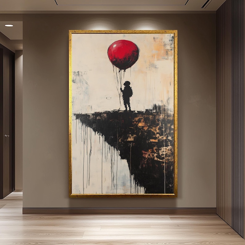 Surreal Banksy Style Wall Art Featuring Red Balloon and Child on Cliff ...