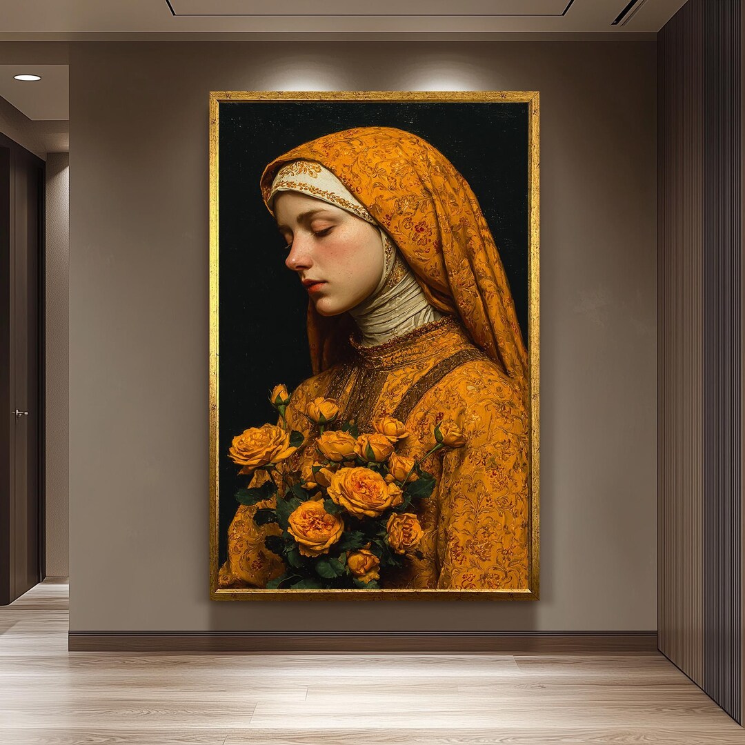 Virgin Mary Canvas Print | Golden Robes, Yellow Roses - Etsy