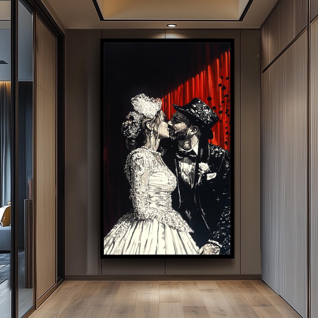 Elegant Wedding Couple Painting, Romantic Black and White Art, Hand ...