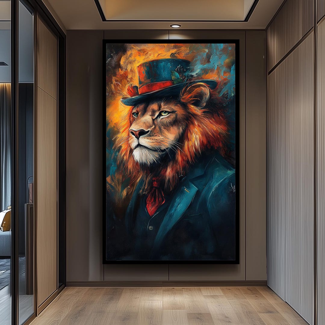 Regal Surreal Lion Portrait Wall Art – Majestic Lion in Suit and Top ...