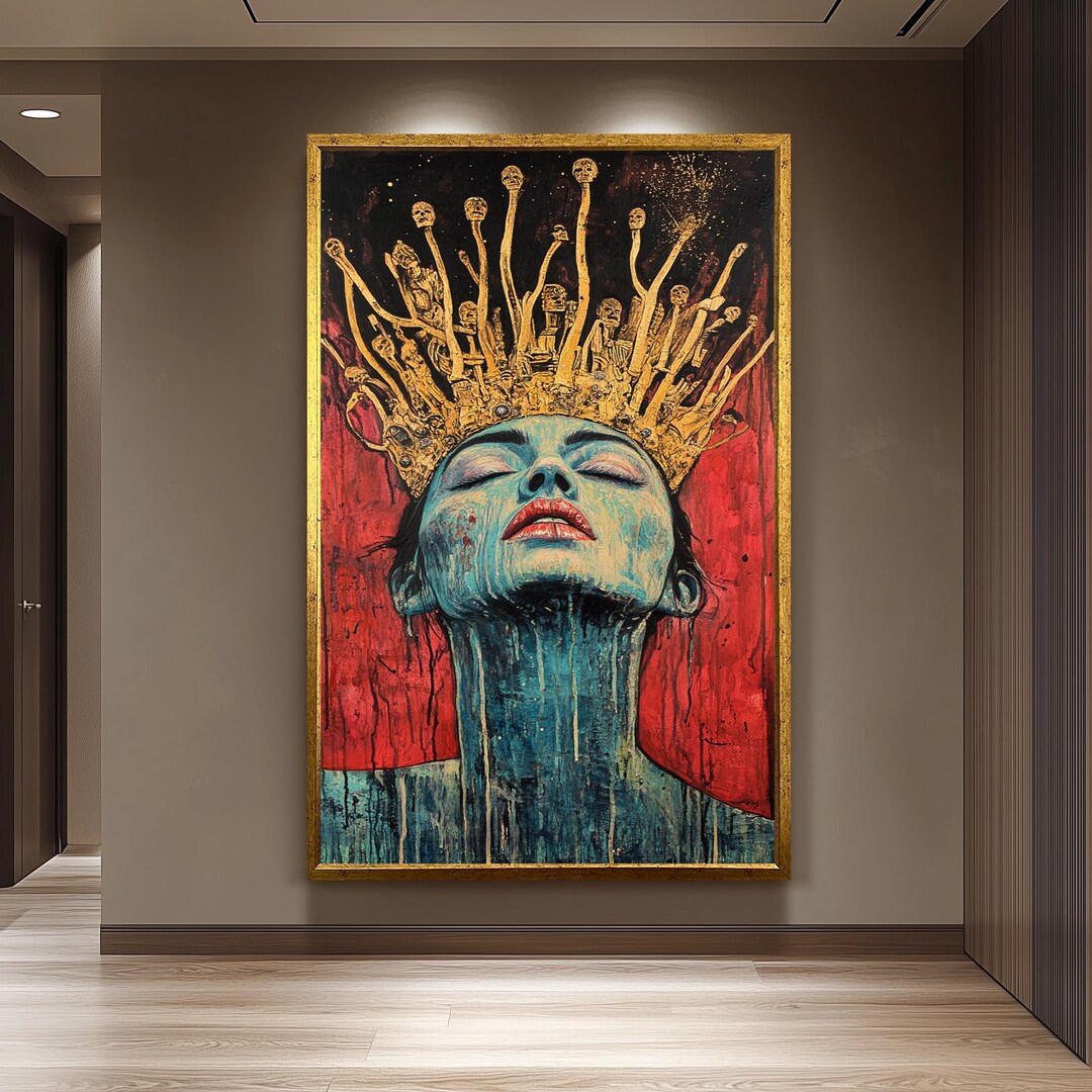 Surreal Queen Portrait Wall Art Dark Fantasy Woman Painting Gold Crown ...