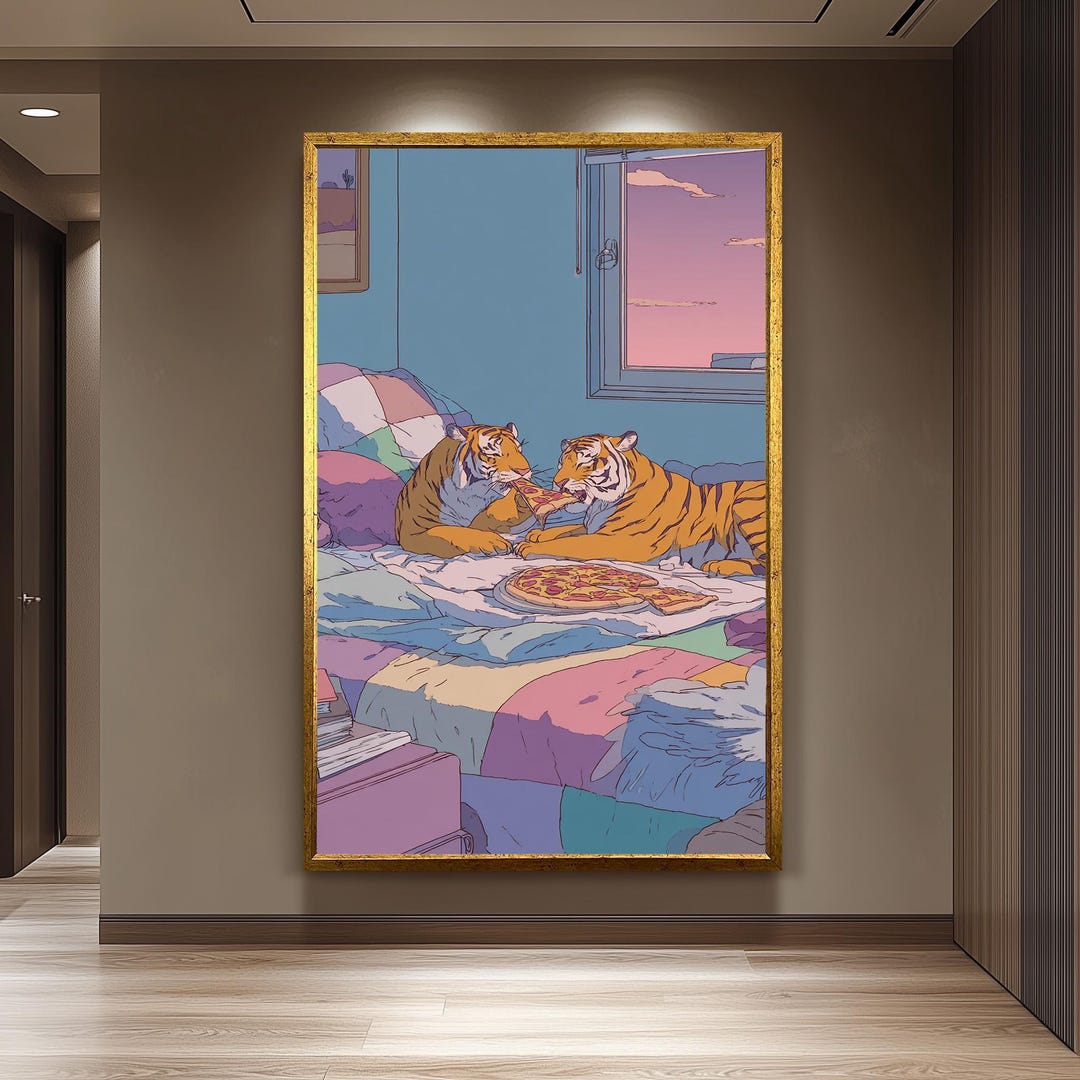 Two Tigers Eating Pepperoni Pizza in Cozy Pastel Bedroom With 80s Retro ...