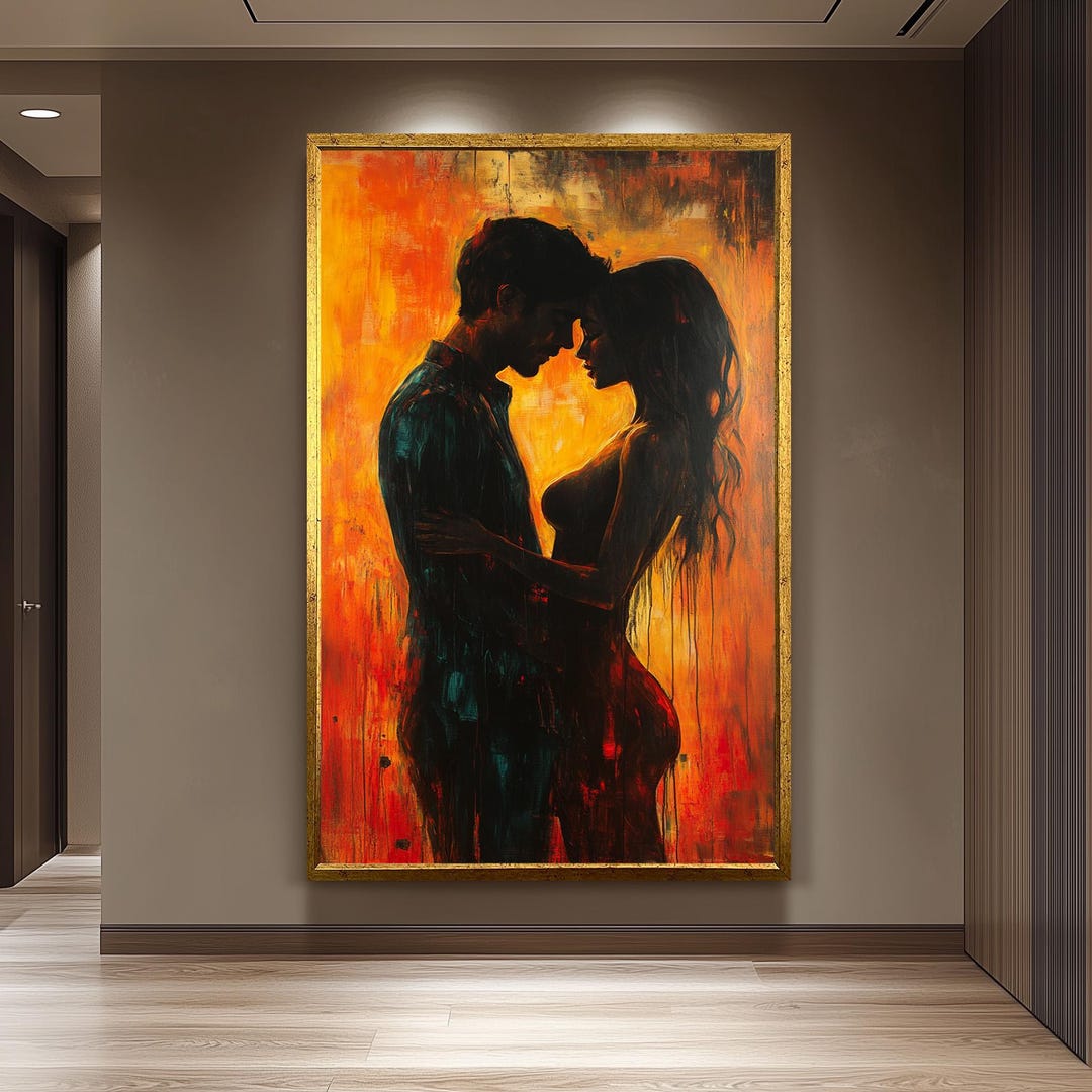 Romantic Couple Painting Wall Art, Passionate Lovers Silhouette Print, Abstract Love Artwork ...