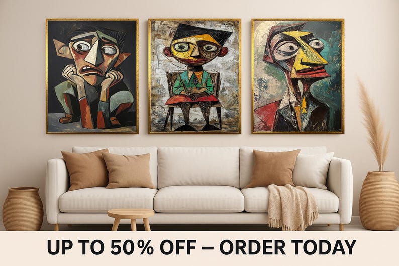 3 Piece Abstract Cubist Portrait Wall Art – Colorful Geometric Modern ...