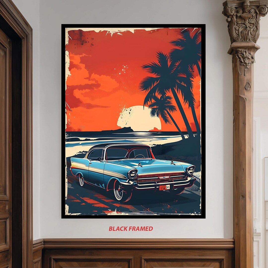 Vintage Beach Sunset Car Poster With Classic Blue Chevy and Palm Trees ...