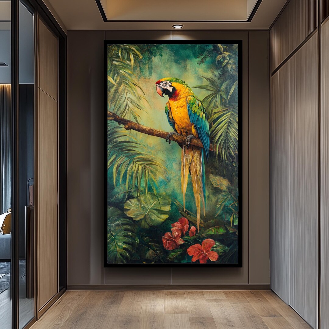 Vintage Macaw Parrot Canvas Print, Tropical Bird Wall Art, Colorful ...