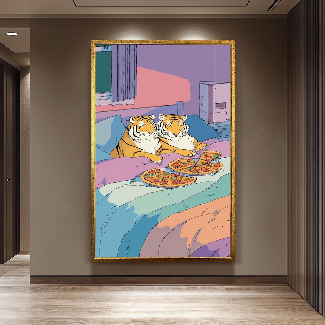 Two Cute Tigers Eating Pizza in Bed Retro 80s Style Pastel Illustration ...