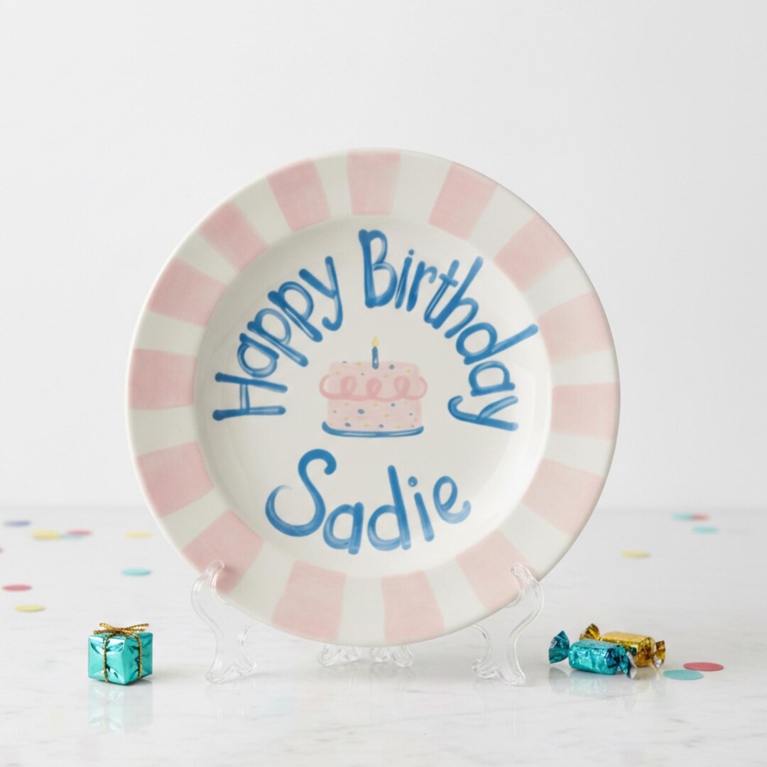 Personalized Birthday Plate : Pink Striped Cake Design , Hand Painted ...
