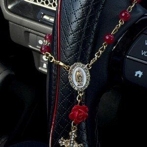Mini Rosary Steering Wheel Charm: Virgin Mary, Cross, Pearl Beads - Etsy