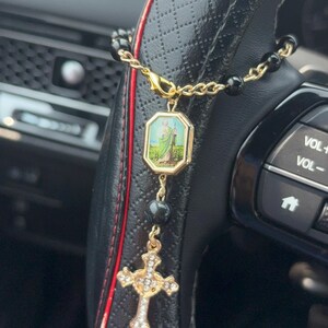 Mini Rosary Steering Wheel Charm: Virgin Mary, Cross, Pearl Beads - Etsy