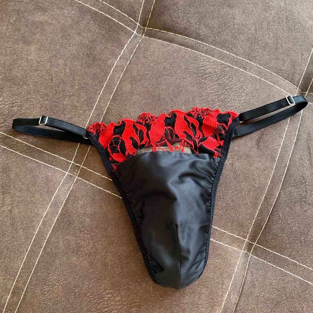 Men's Thongs, Red Luxury Men’s Thong Satin With Lace, Lace Men’s Soft Thong, Hot Red Lace Men’s ...