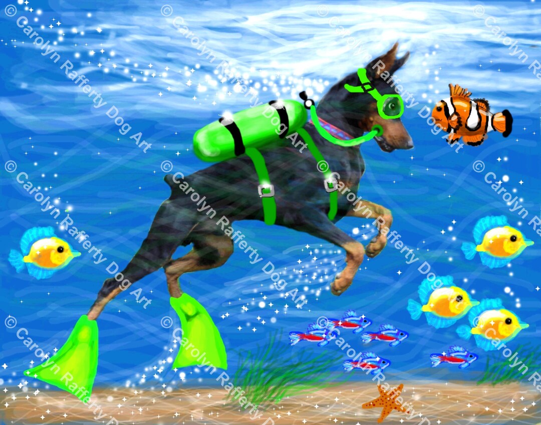 Scuba Dobe , 8 X 10 Signed Doberman Print by Artist Carolyn Rafferty ...