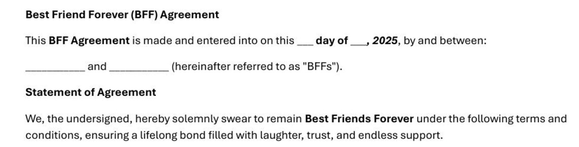 Best Friend Forever (BFF) Agreement | Funny Friendship Contract ...