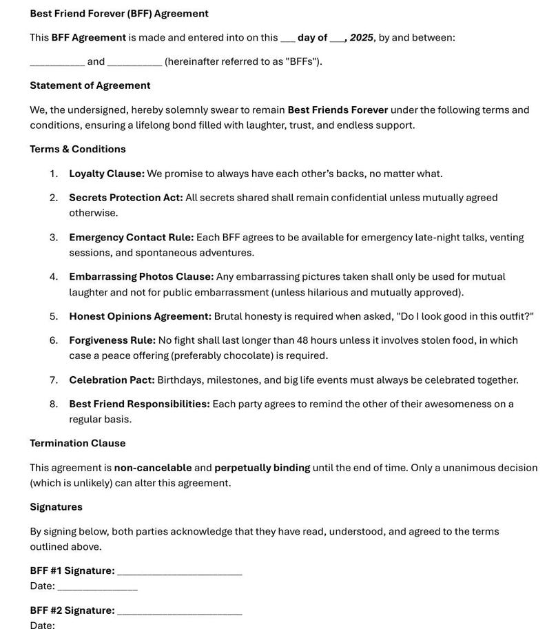 Best Friend Forever (BFF) Agreement | Funny Friendship Contract ...