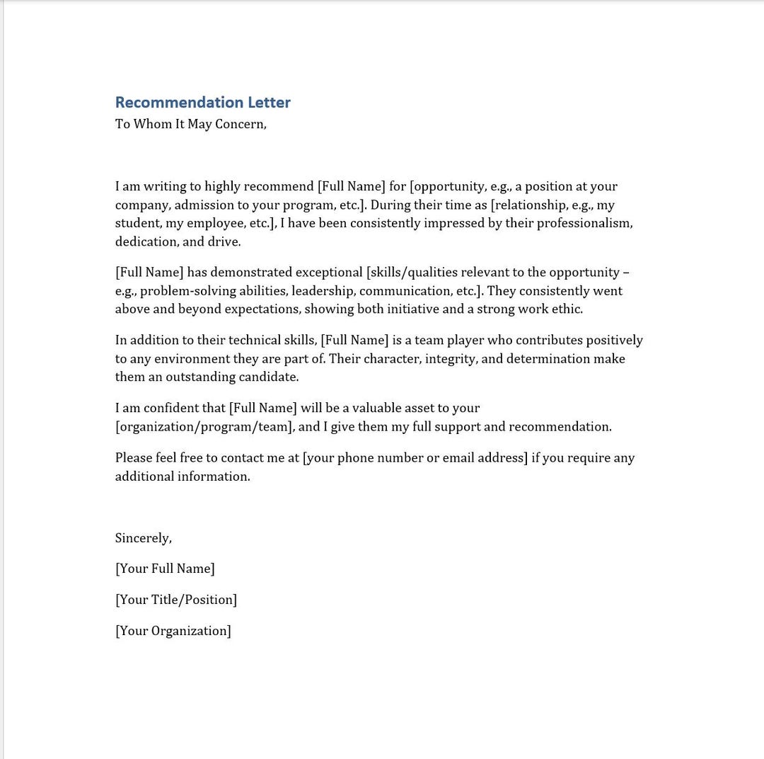 Professional Recommendation Letter Template (word - Etsy