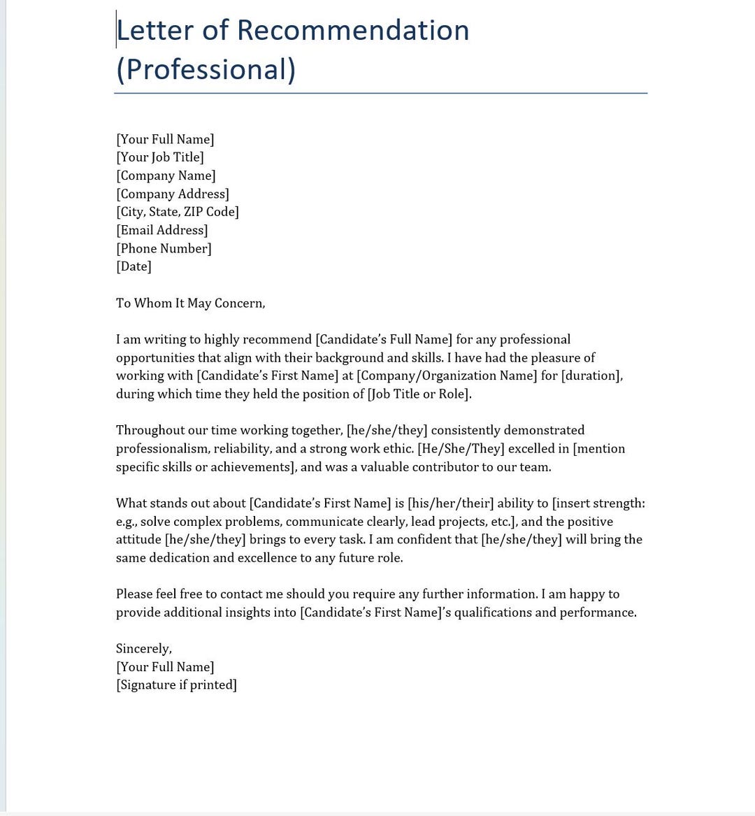 Professional Letter of Recommendation Template (editable Word) - Etsy ...