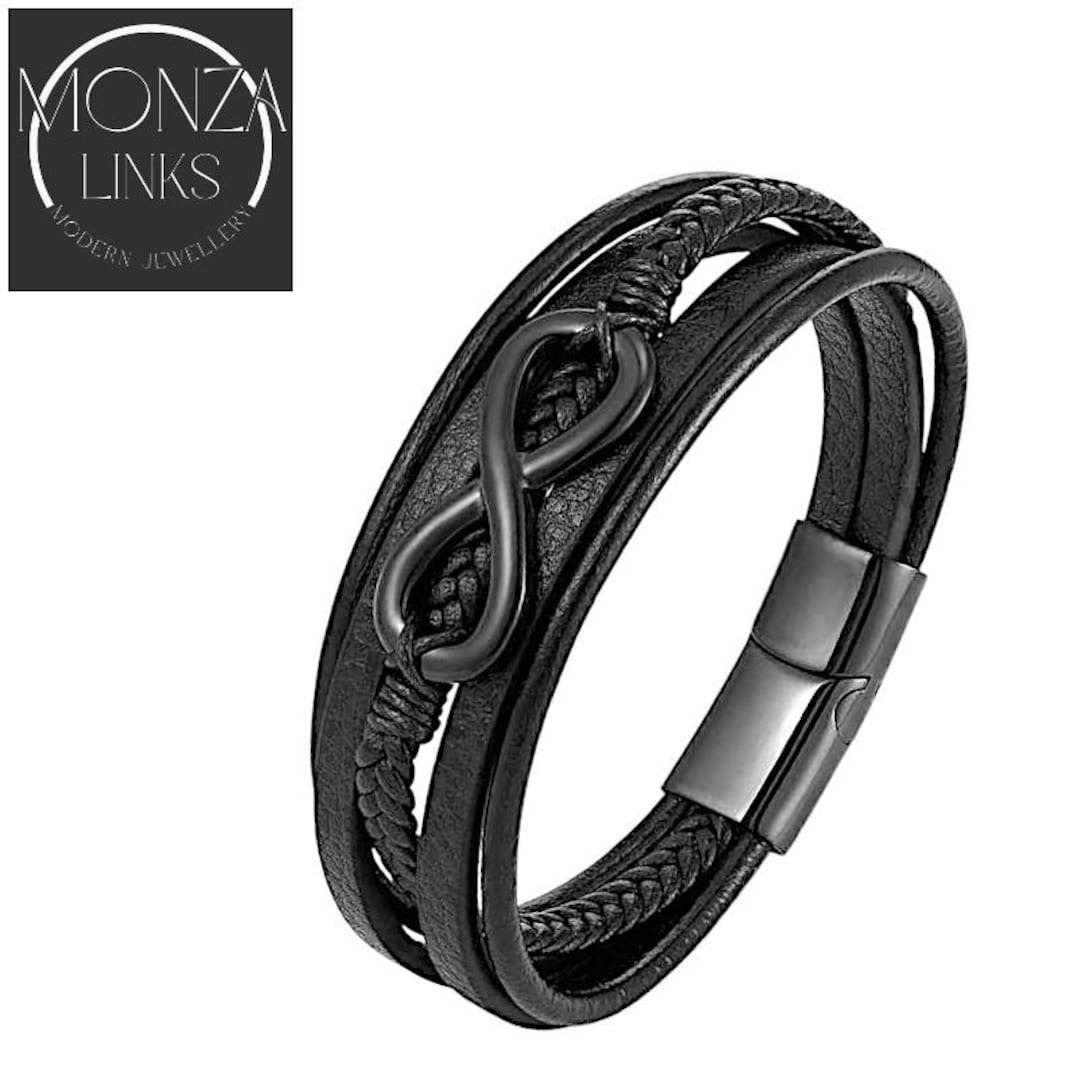 Black Infinity Braided Leather Bracelet | Men's 5-band Leather Bracelet ...