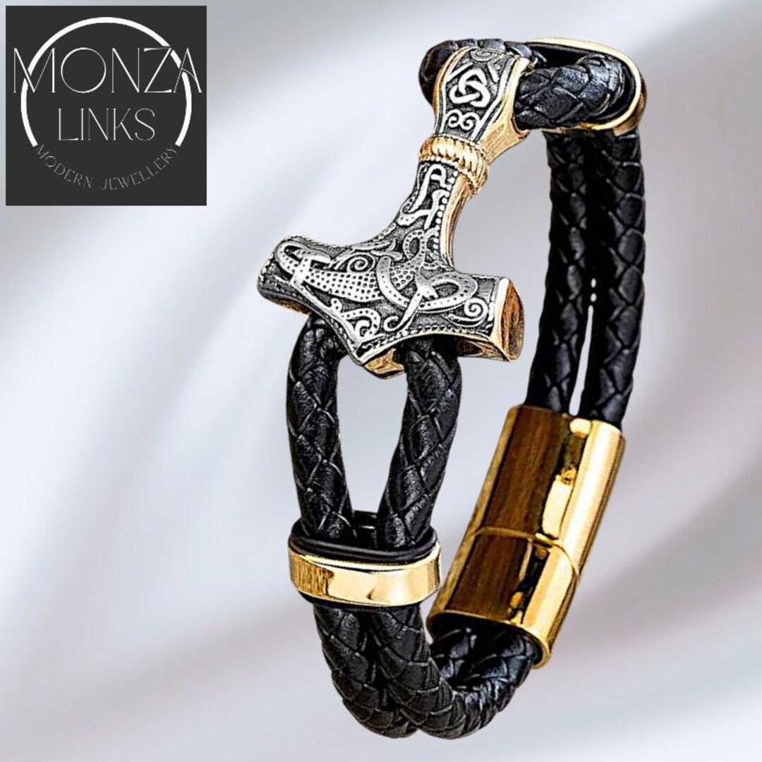 Viking Thor Hammer Bracelet, Two-tone Gold and Silver Mjolnir, Double ...