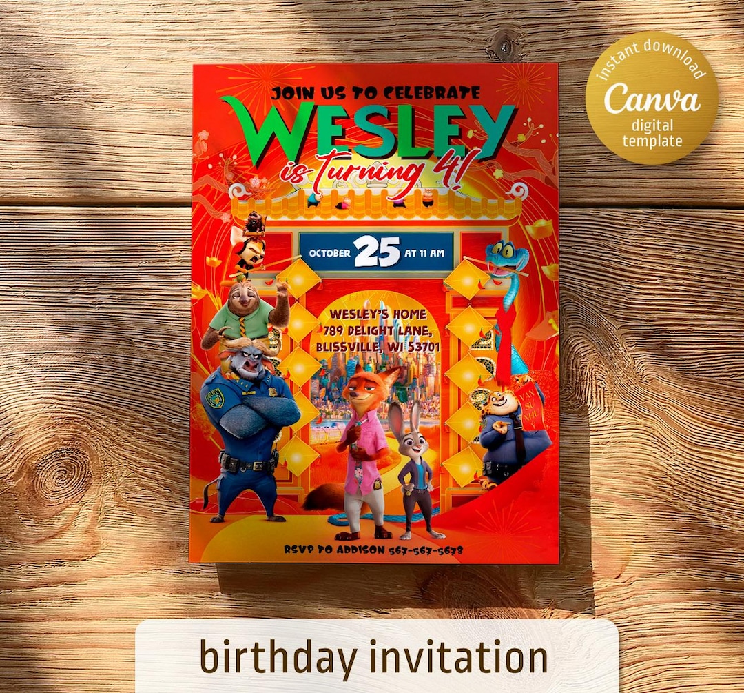 Zootopia 2 Movie Birthday Invitation, Judy Hopps Invite, Nick ...