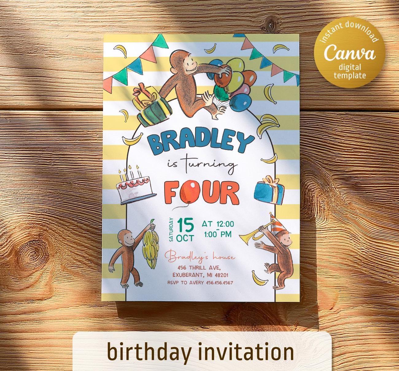 Curious George Birthday Invitation, Printable Monkey Invite, Ape Invite ...