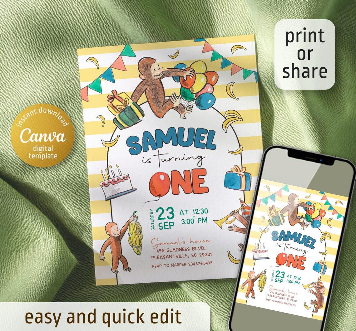 Curious George Birthday Invitation, Printable Monkey Invite, Ape Invite ...