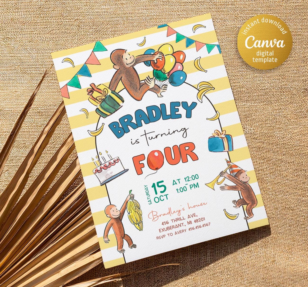 Curious George Birthday Invitation, Printable Monkey Invite, Ape Invite ...