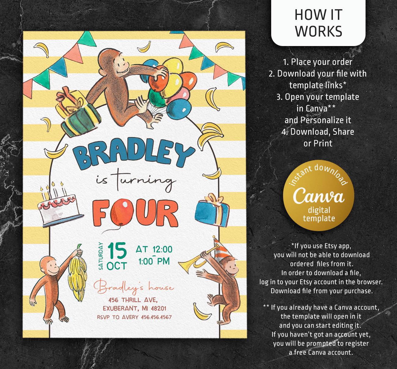 Curious George Birthday Invitation, Printable Monkey Invite, Ape Invite ...