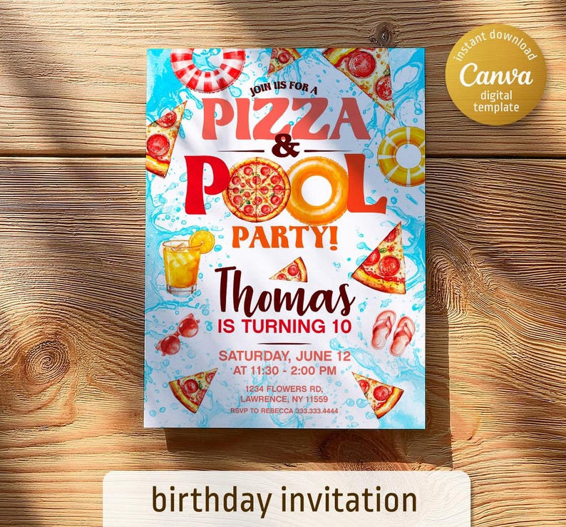 Pool Pizza Birthday Invitation, Pizza Birthday, Italian Printable ...