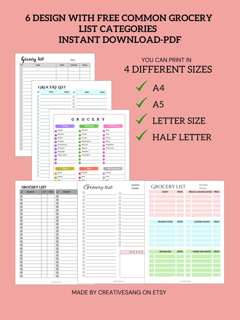 6 Grocery List Template Designs + Free Common Categories | Instant ...