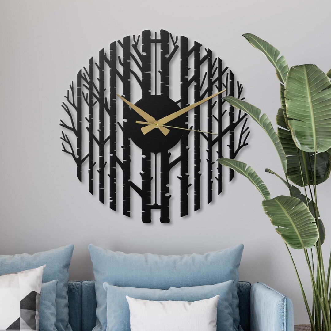 Forest Tree Metal Wall Clock Black Silent Birch Grove Art Decor Unique ...
