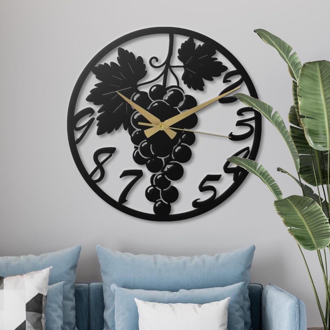 Wine Clock Metal Wall Art Grape Decor Silent Black Vineyard Theme ...
