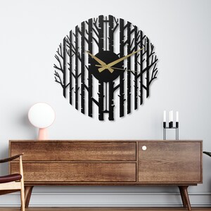 Forest Tree Metal Wall Clock Black Silent Birch Grove Art Decor Unique ...