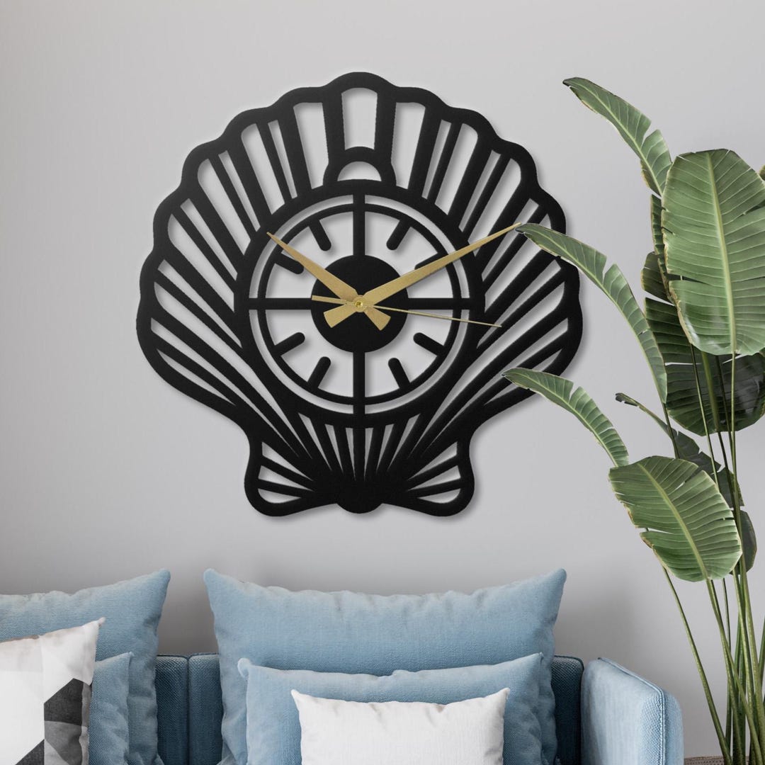 Metal Wall Clock Seashell Clock Coastal Wall Decor Black Metal Art ...