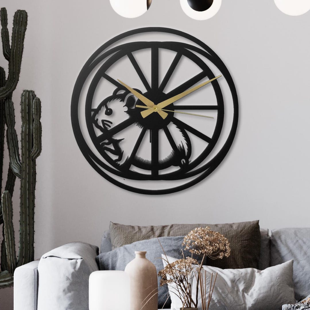 Metal Wall Clock Hamster Wheel Clock Cute Animal Decor Black Metal Wall ...